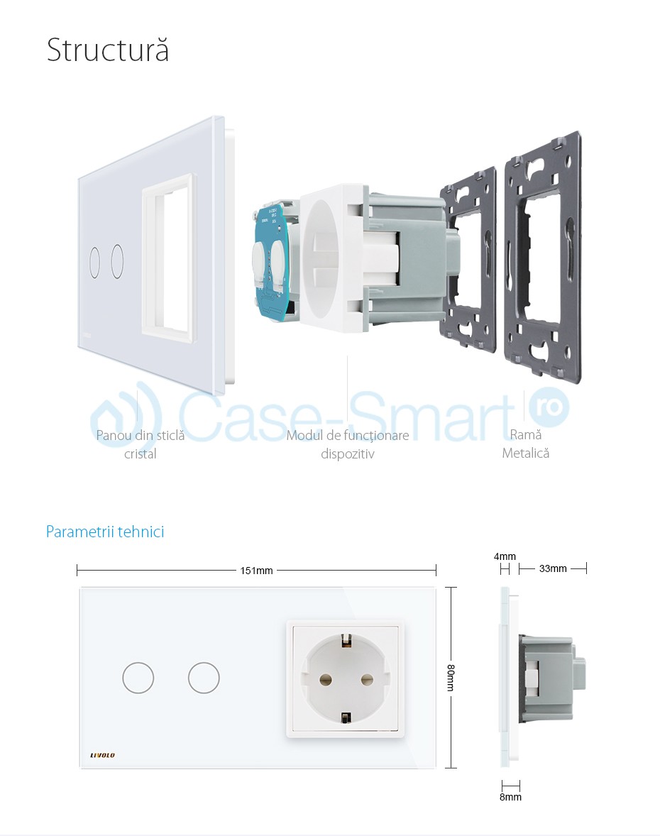 Double Switch + socket Livolo simple black glass frame - Rovision